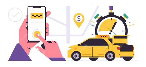 Premium Vector 出租车订购服务移动应用程序概念 一只手拿着手机在显示器上预订出租车 城市出租车服务 黄色汽车城市地图 平面向量插图
