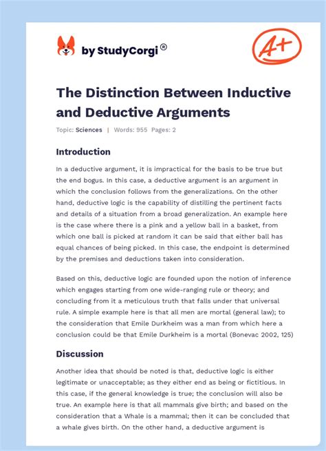 The Distinction Between Inductive And Deductive Arguments Free Essay