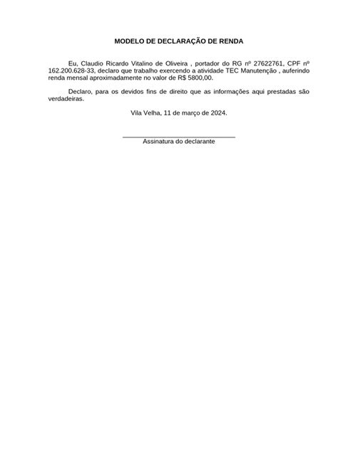 Modelo De Declaração De Renda Pdf