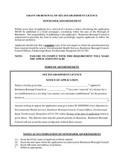 Fillable Online Application For A Renewal Of A Sex Establishment