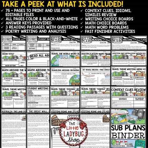 Travel Theme Emergency Sub Plans 3rd 4th Grade Substitute Binder Lesson