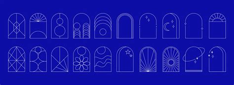 라인 아치 프레임 세트 공간과 하늘 요소가 있는 보헤미안 선형 모양 별과 태양의 상징 또는 레이블 골드 로고 템플릿 결혼 카드와