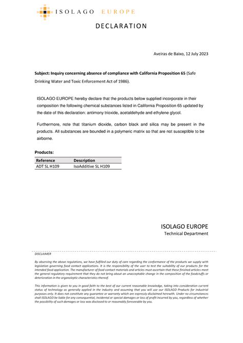 ADT SL H109 Declaration California 65 Isolago 2023 D E C L A R A T I
