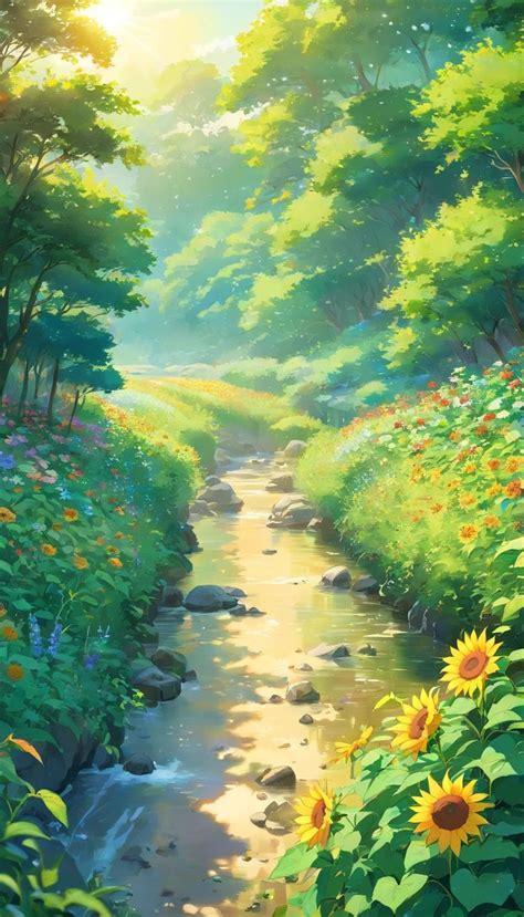 Sunflowers Near Stream In Green Forest ภูมิทัศน์ ศิลปะอะนิเมะ กาต