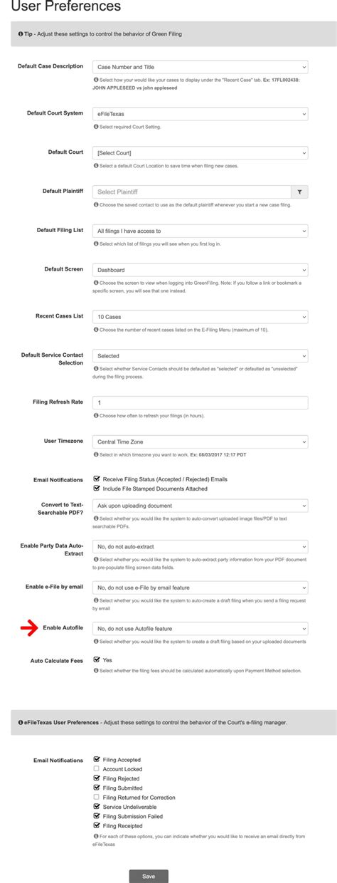 Enable Disable Auto File Feature Green Filing