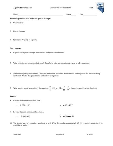 Algebra I Practice Test Expressions And Equations