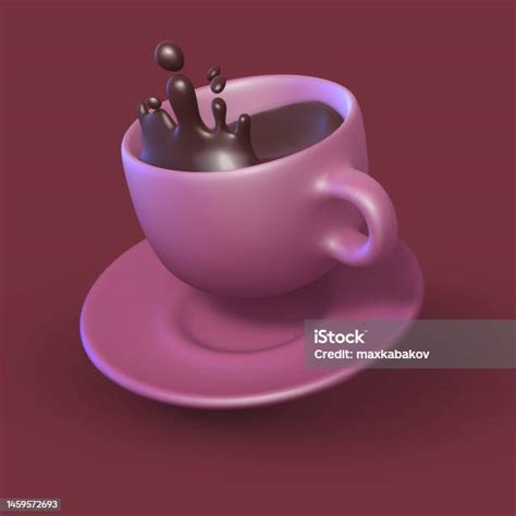 움직이는 커피나 핫초코가 튀는 3d 핑크 컵 보라색 배경에 떨어지는 도자기 머그잔 접시에 뜨거운 음료의 녹색 컵입니다 3차원