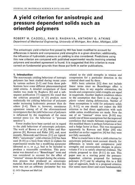 Pdf A Yield Criterion For Anisotropic And Pressure Dependent Solids Such As Oriented Polymers