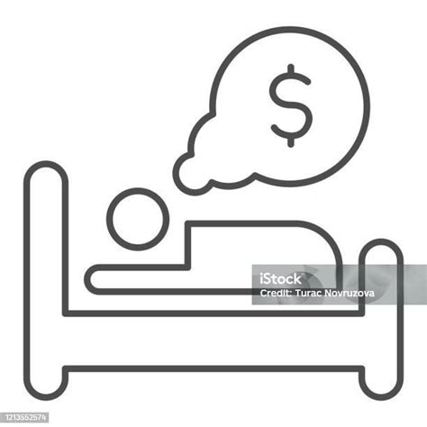 돈 얇은 라인 아이콘에 대한 꿈 침대에서 자고있는 남자 달러 기호가있는 전구 흰색 배경에 윤곽 스타일 그림 모바일 개념 또는 웹 디자인에 대한 수동 소득 기호 벡터 그래픽
