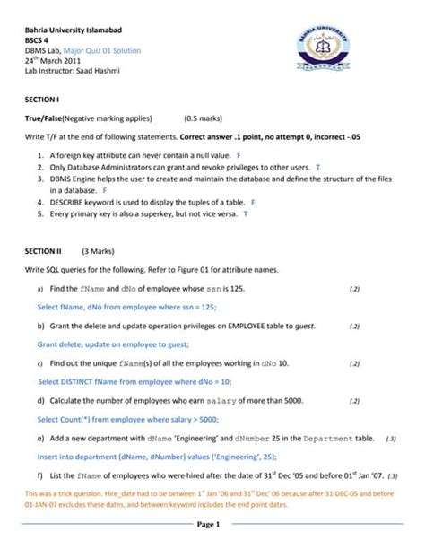 Dbms Quiz 01 Solution Pdf Databases Computer Software And