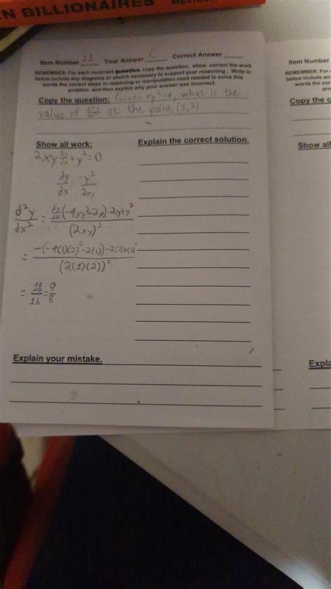 12th Grade Calculus Implicit Second Differentiation 98 Isnt One Of The Answers Here Can
