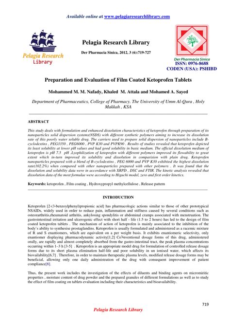 Pdf Preparation And Evaluation Of Film Coated Ketoprofen Tablets