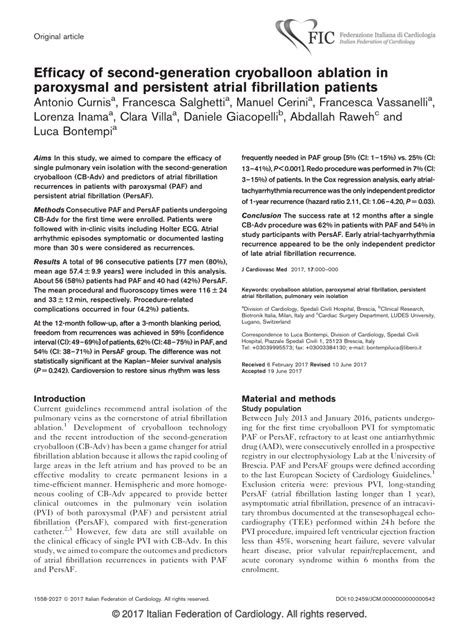 Pdf Efficacy Of Second Generation Cryoballoon Ablation In Paroxysmal And Persistent Atrial
