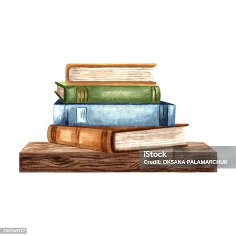 나무 선반에 수직으로 쌓인 책 오래된 교과서로 작곡 손으로 그린 수채화 그림이 분리되어 있습니다 모두를 위한 지식 교육 개념입니다 클립 아트 카드 웹 사이트 인쇄 스티커 0