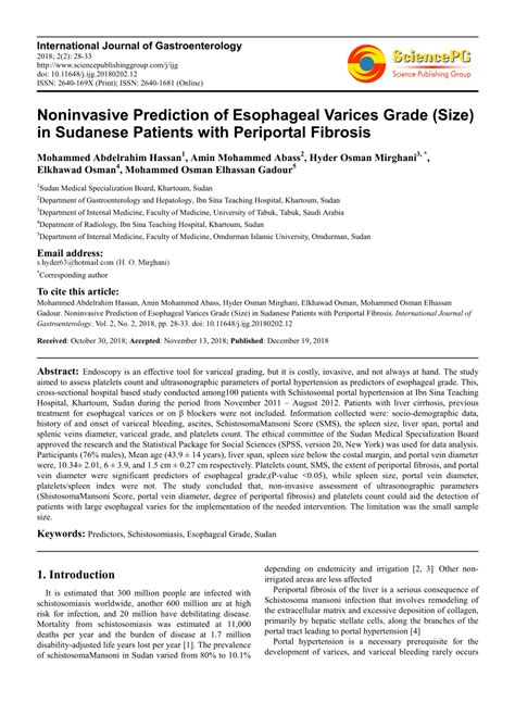 Pdf Gadour Noninvasive Prediction Of Esophageal Varices Grade Size In Sudanese Patients