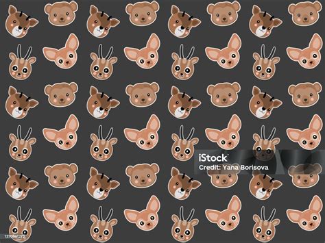 도르카스 가젤 오카피 아프리카 회향 여우 어두운 배경에 흰색 윤곽이 있는 거미 원숭이의 귀여운 만화 얼굴의 매끄러운 패턴 벡터