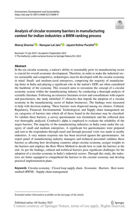 Analysis Of Circular Economy Barriers In Manufacturing Context For Indian Industries A Bwm