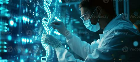 Ai Generated Scientists Explore Results Of Microbiology Dna Sequencing In Research Lab With Ai