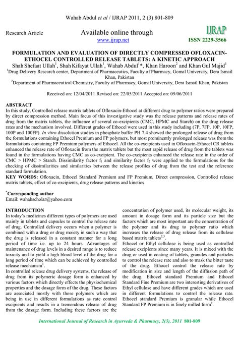 Pdf Formulation And Evaluation Of Directly Compressed Ofloxacin Ethocel Controlled Release