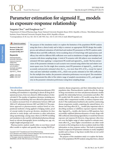 Pdf Parameter Estimation For Sigmoid E Max Models In Exposure Response Relationship