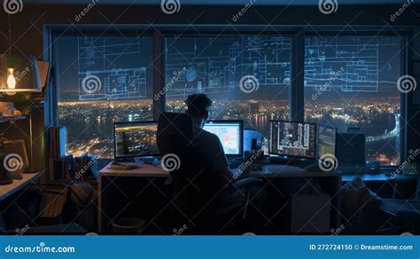 Rear View Of A Man Sitting In Front Of A Computer Monitor And Looking At The City At Night