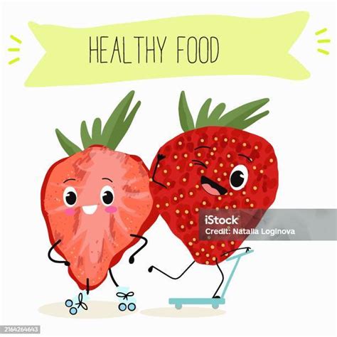 재미있는 딸기 캐릭터 디자인 과일 포스터입니다 벡터 일러스트 레이 션 손으로 그린 질감 어린이 메뉴 건강한 생활방식에 대한 스톡