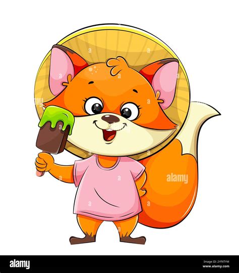 Cute Funny Fox Holding Ice Cream Cheerful Foxy Cartoon Character