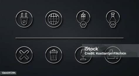 세트 라인 전기 플러그 X 마크 원 테스트 튜브 와 플라스크 깨지기 쉬운 깨진 유리 쓰레기 통 소셜 네트워크 공장 생산 및 글루텐 무료 곡물 아이콘에 십자가 벡터 0명에