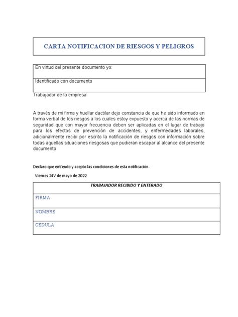 7carta Notificacion De Riesgos Y Peligros Pdf