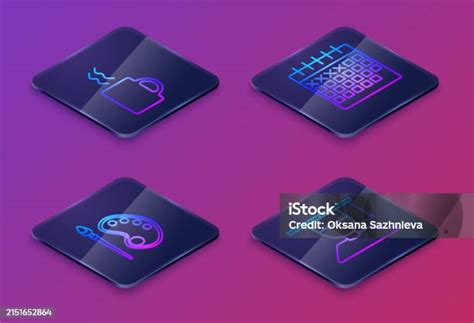 아이소 메트릭 라인 커피 컵 팔레트가있는 페인트 브러시 달력 및 대학원 및 졸업 모자를 설정합니다 파란색 사각형 버튼입니다 벡터 3차원 형태에 대한 스톡 벡터 아트 및 기타