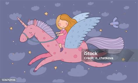 Gadis Kartun Lucu Terbang Dengan Pegasus Putri Dan Unicorn Ilustrasi