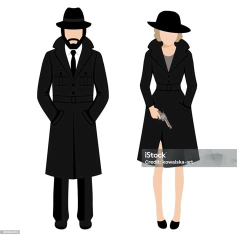 형사 스파이 남자와 여자 캐릭터 개인 Ivestigation 에이전트입니다 마피아 갱스 터 스파이에 대한 스톡 벡터 아트 및
