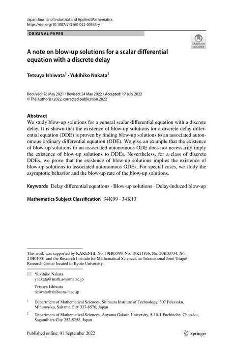 Pdf A Note On Blow Up Solutions For A Scalar Differential Equation With A Discrete Delay