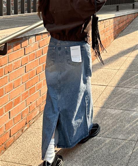 센트 중청 데님 트임 슬릿 워싱 롱스커트 에이블리