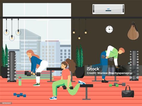 피트니스 체육관 아령 플랫 벡터 일러스트와 운동을하는 사람들 체육관에 대한 스톡 벡터 아트 및 기타 이미지 체육관 헬스 클럽 가정의 방 Istock