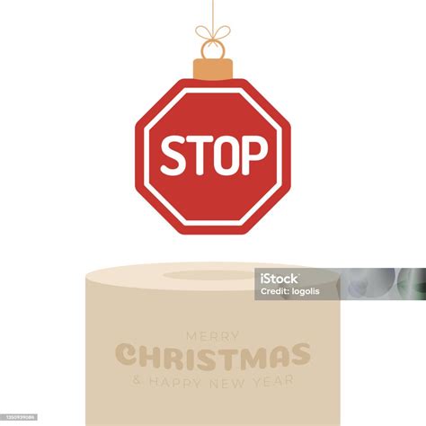 크리스마스 정지 사인 판매 카드 연단 메리 크리스마스 받침대 인사말 카드 나사 공으로 스레드 로드 스톱 표지판에 매달려 수평 배경에 Bauble 스포츠 벡터 일러스트레이션