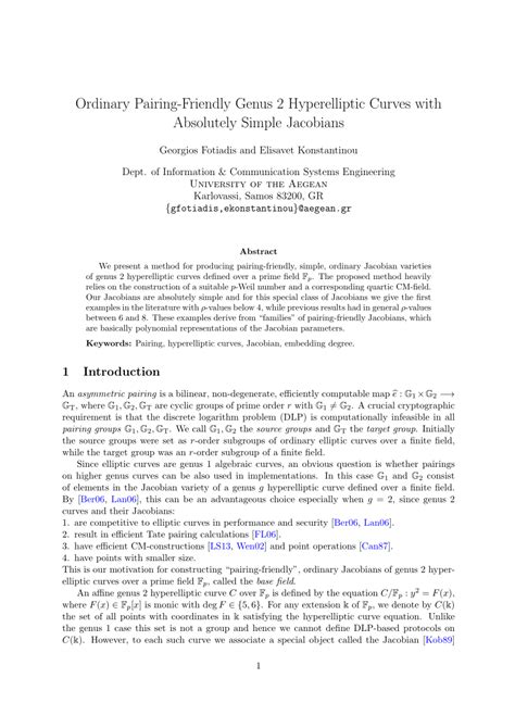 Pdf Ordinary Pairing Friendly Genus 2 Hyperelliptic Curves With Absolutely Simple Jacobians