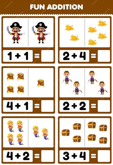 귀여운 만화 선장 보물 상자 골드 인어 인쇄용 해적 워크시트의 계산 및 합으로 어린이 재미를 위한 교육 게임 프리미엄 벡터