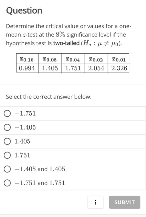 Solved Question Determine The Critical Value Or Values For A One Mean Z Test At The 8