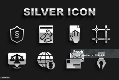 국제법 감옥 창 만년필 펜촉 봉투 정의의 저울 성경 맹세 정의 방패 및 증거 가방과 총알 아이콘을 설정합니다 벡터 검은색에 대한 스톡 벡터 아트 및 기타 이미지 Istock