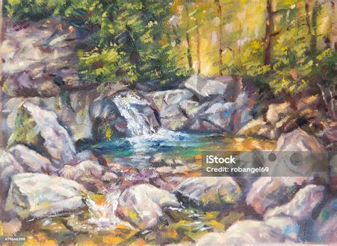 Minyak Di Atas Kanvas Lanskap Gunung Ilustrasi Stok Unduh Gambar