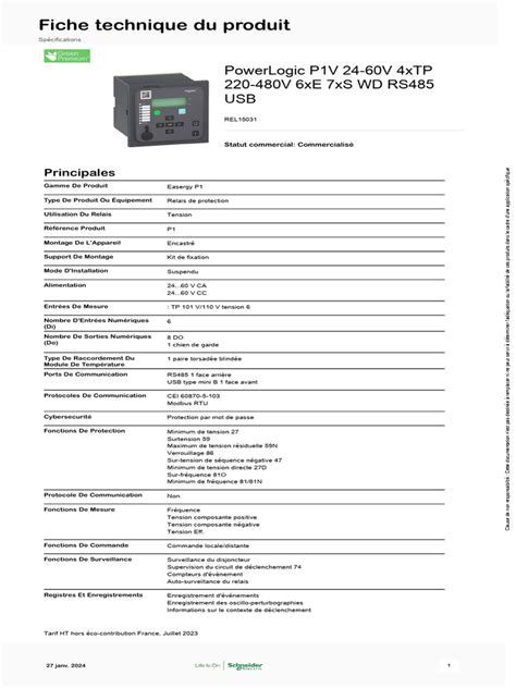 Schneider Electric Powerlogic P1 Relais De Protection Rel15031 Pdf