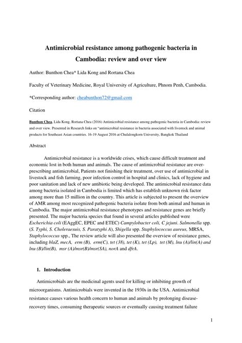 Pdf Antimicrobial Resistance Among Pathogenic Bacteria In Cambodia Review And Over View Citation