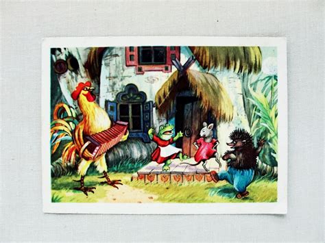 Dancing Hedgehog Frog Mouse Rooster Vintage Postcard 1955