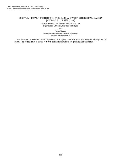 Pdf Erratum Dwarf Cepheids In The Carina Dwarf Spheroidal Galaxy