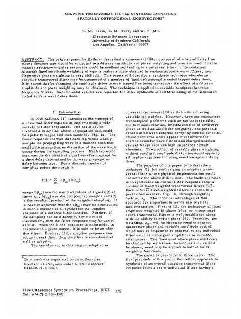 Adaptive Transversal Filter Synthesis Employing Spatially Orthonormal Eigenvectors Ieee