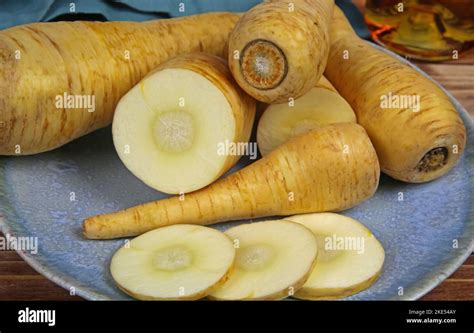 Closeup Of Group Many Raw Isolated Sliced Parsnip Root Vegetables On