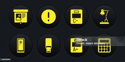 사물함 또는 탈의실 테이블 램프 Usb 플래시 드라이브 A 플러스 등급의 시험지 종이 오답 말풍선 및 느낌표 계산기 및 프로젝션 화면 아이콘을 설정합니다 벡터 Usb