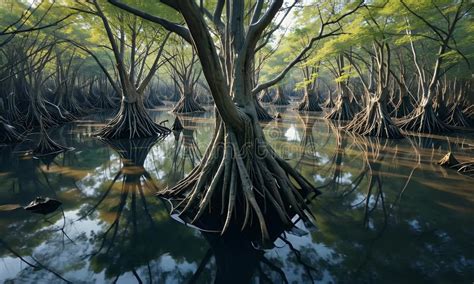 Exploring Serene Cypress Swamp With Reflections On Water Surface Stock