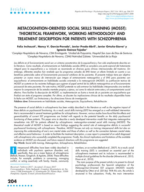 Pdf Metacognition Oriented Social Skills Training Mosst Theoretical Framework Working